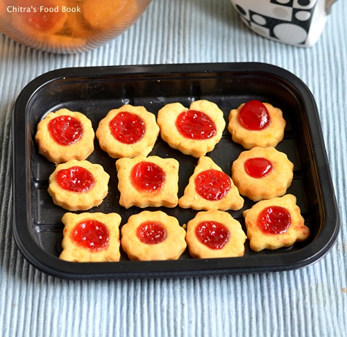 Eggless Jam biscuit Recipe - Eggless Thumbprint Cookies Recipe - Chitra ...